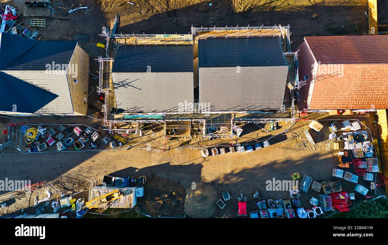 Aerial view of a residential construction site showing two new houses ...