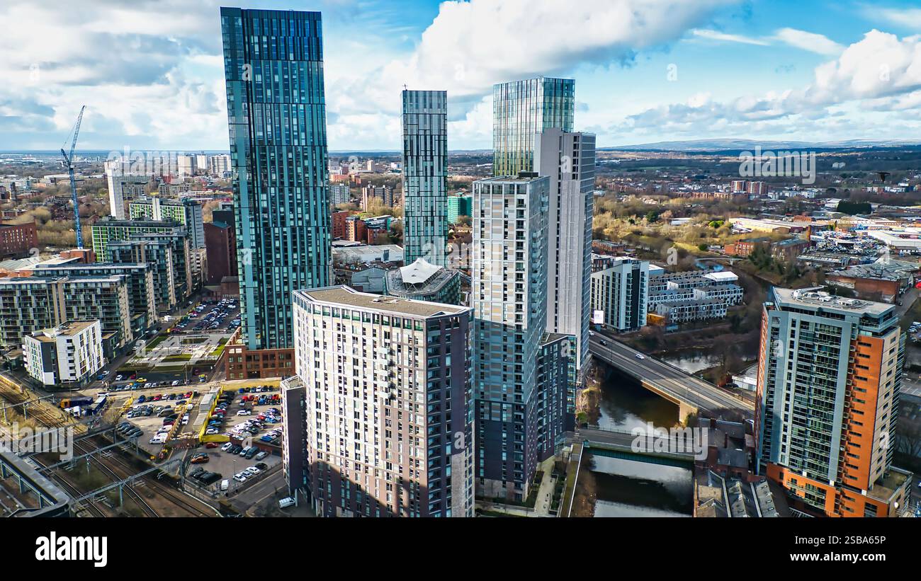 Aerial view of numerous high-rise residential buildings in a city ...