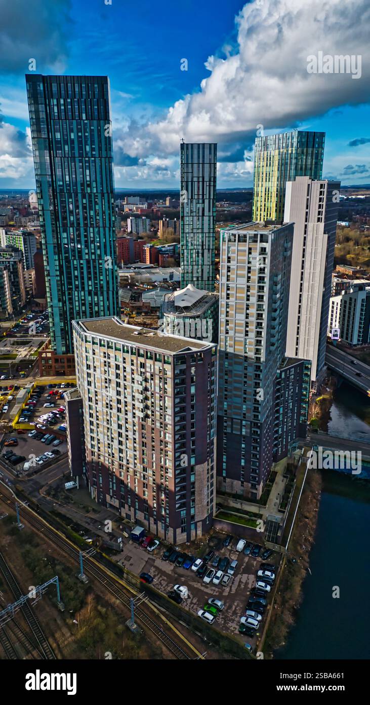 Aerial view of several high-rise residential buildings in a city ...
