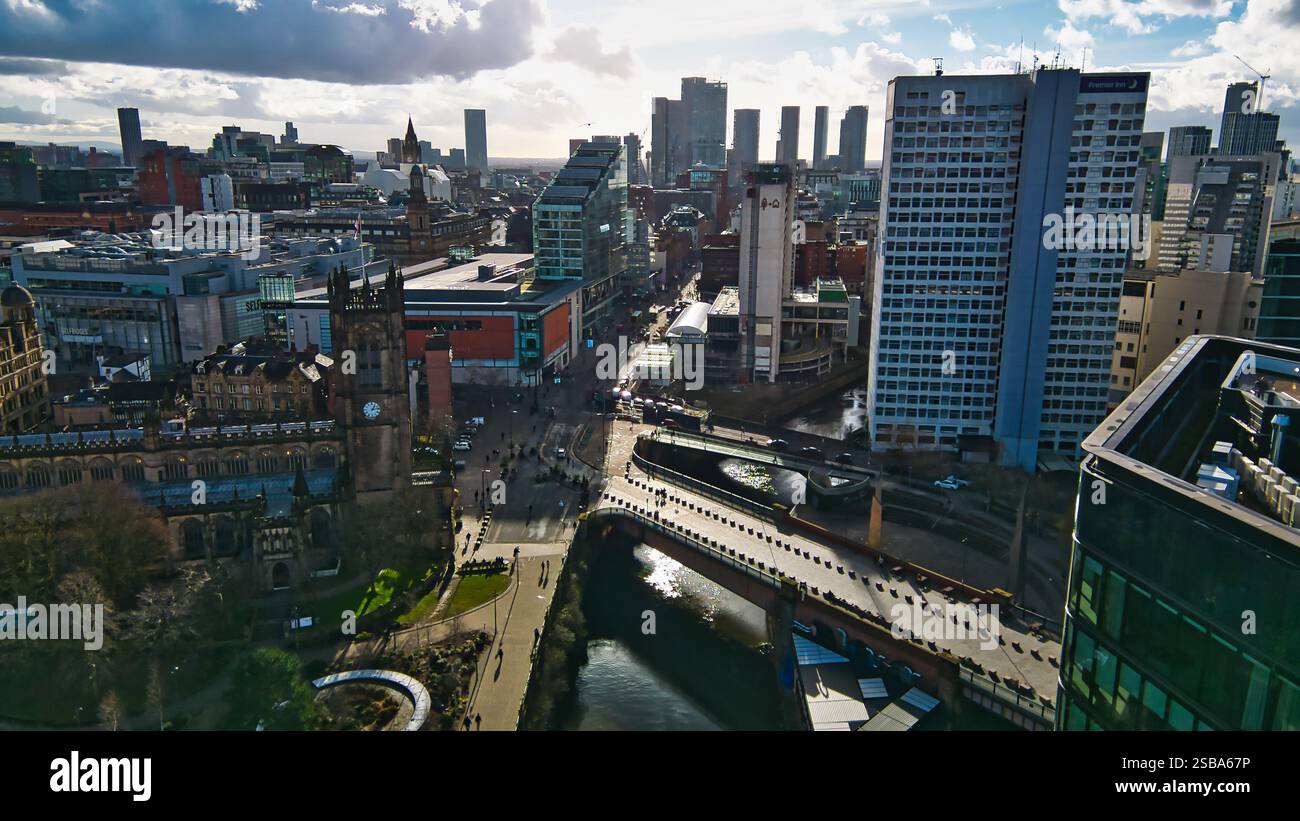 Aerial view of Manchester city center, showcasing a mix of modern and ...