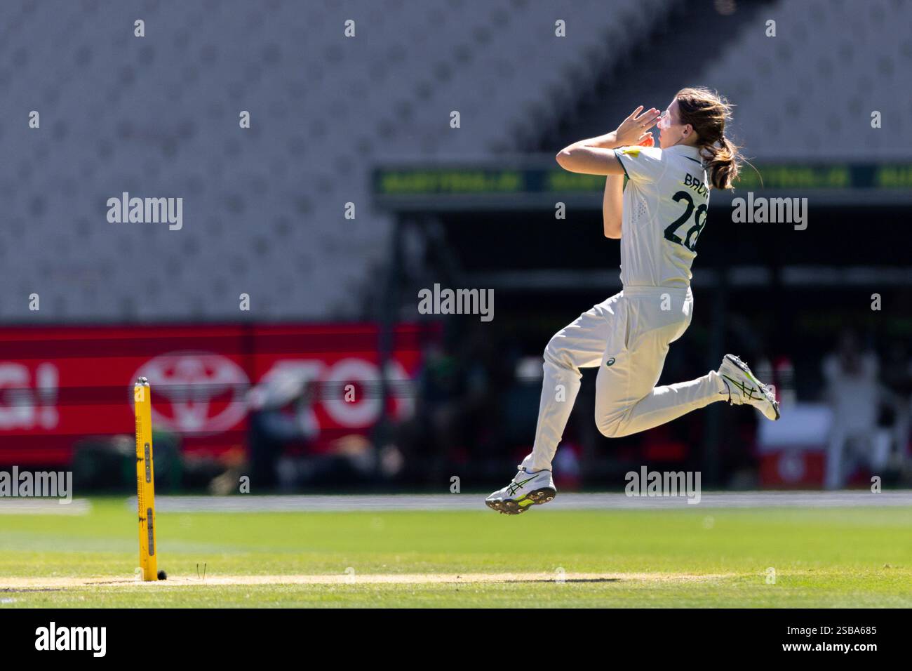 MELBOURNE, AUSTRALIA - FEBRUARY 01: Darcie Brown of Australia bowls ...