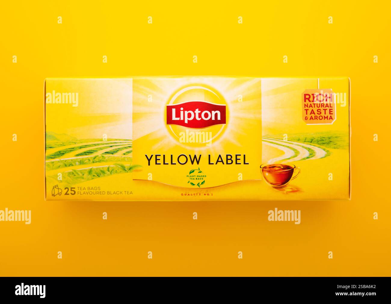 LONDON, UK - JANUARy 24, 2025: Pack of Lipton yellow label black tea ...