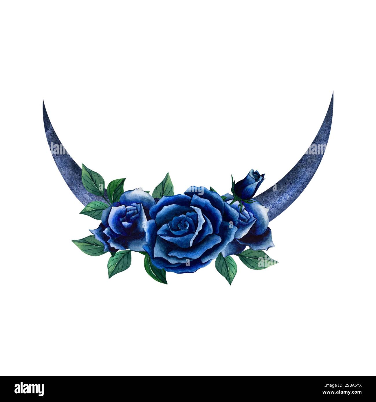 Inverted crescent moon with dark blue roses and leaves. Watercolor ...