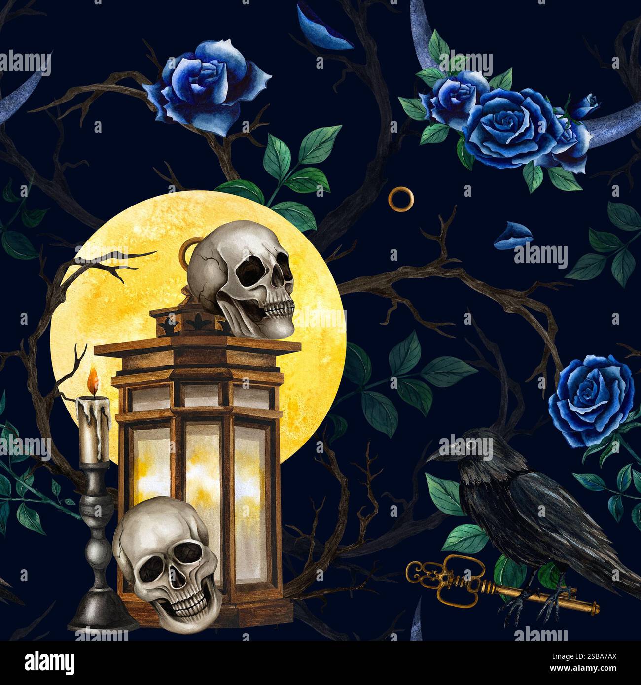 Seamless pattern with large full moon, skulls, vintage lantern and ...