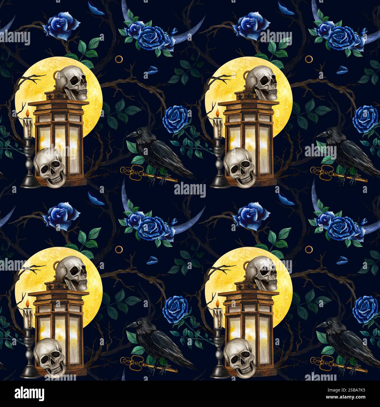 Seamless pattern with large full moon, skulls, vintage lantern and ...