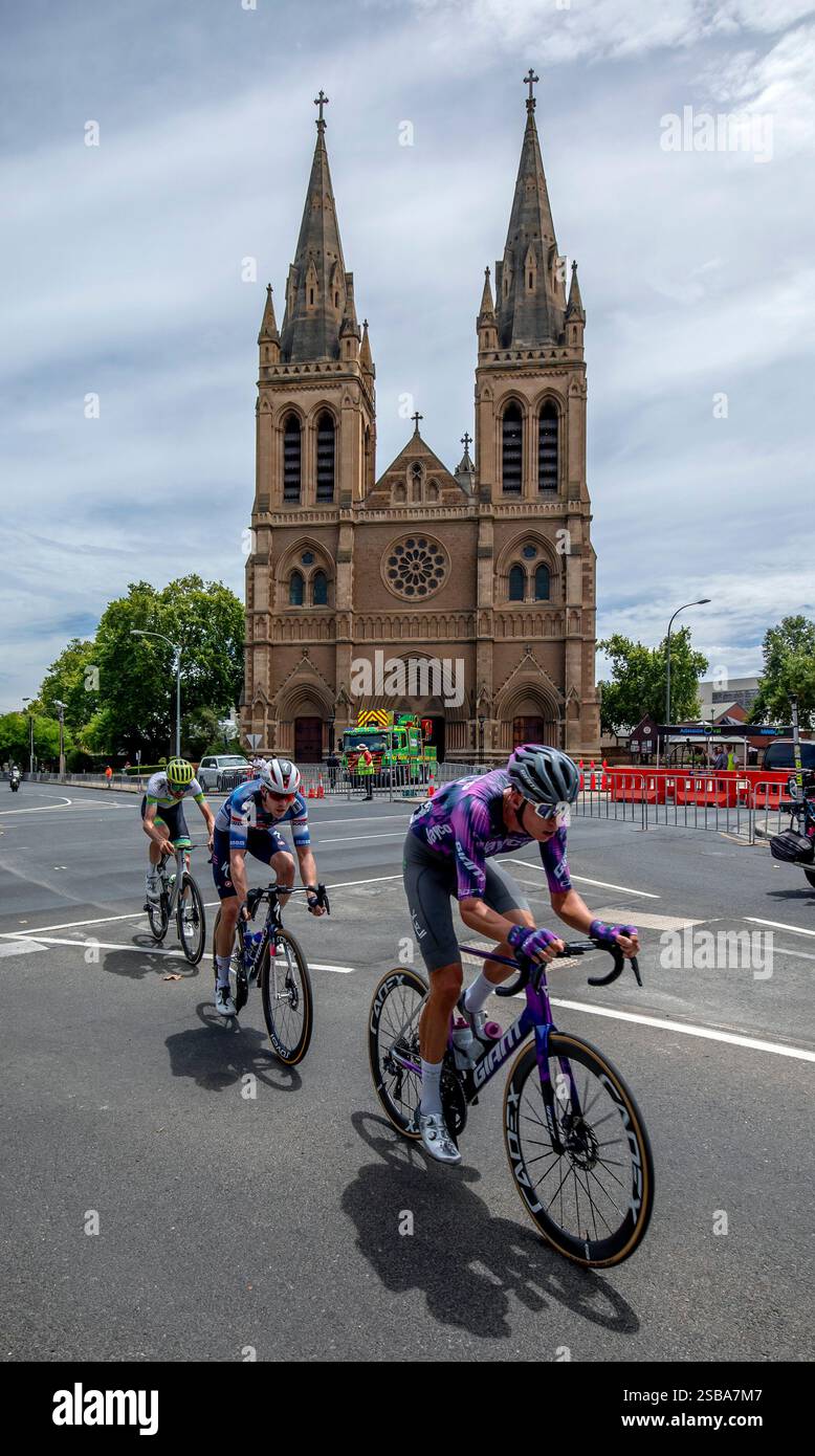 Kelland O'Brien from Jayco Alula leads the breakaway past St Peters Cathedral along Pennington ...