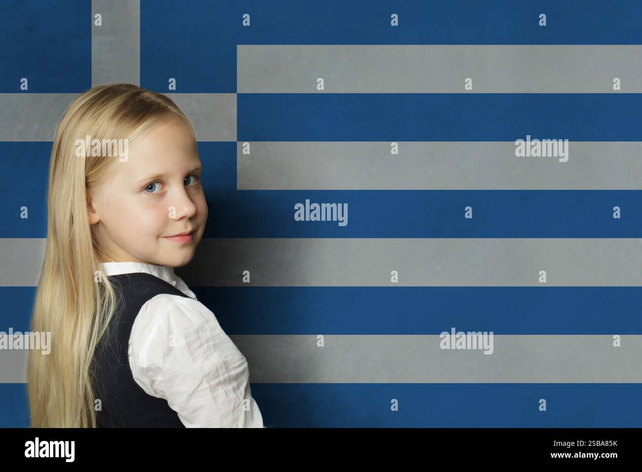 Curious young child girl on Greek flag background. Education and study ...