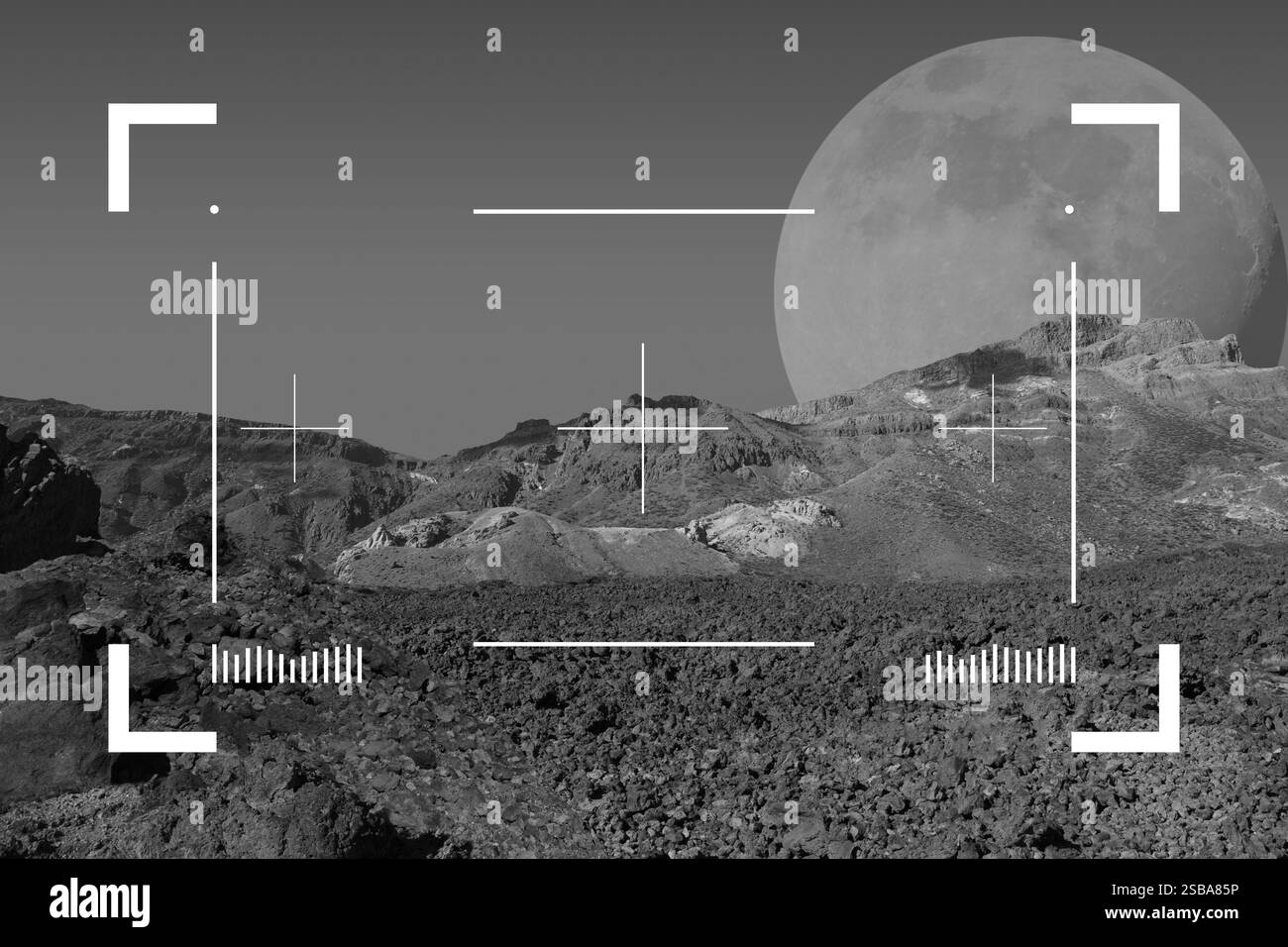 Abstract planet or asteroid landscape with giant moon at the horizon ...
