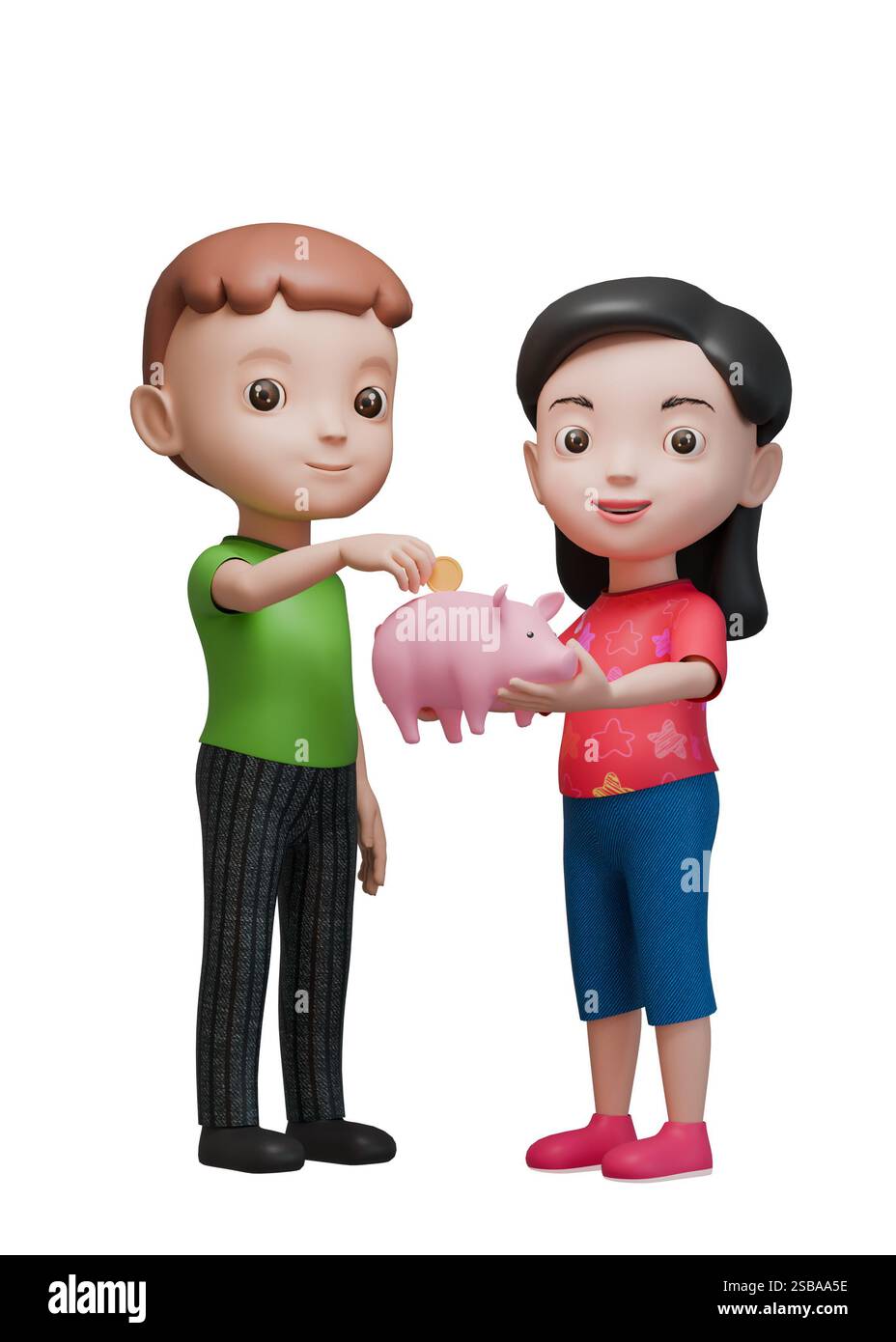 3D illustration of two cartoon kids with piggy bank in transparent ...