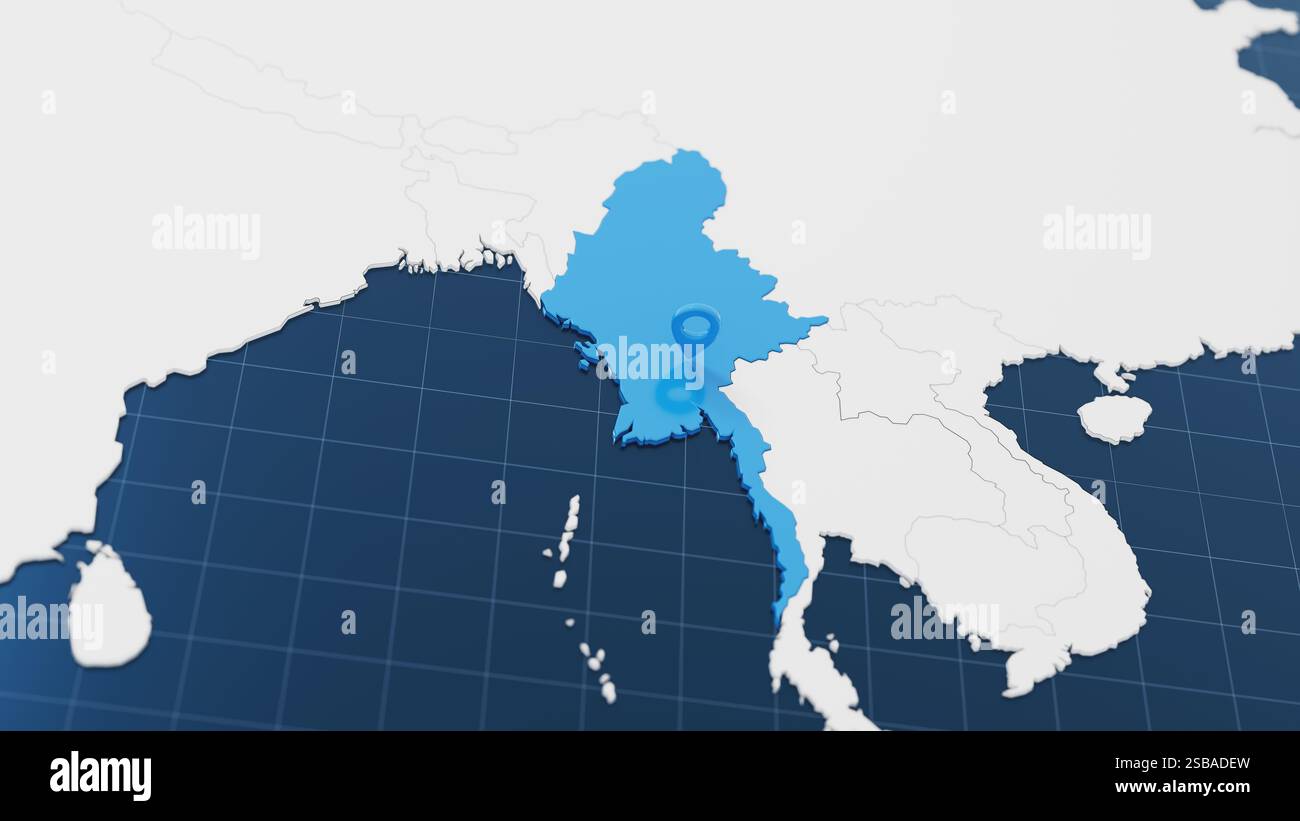 Blue Myanmar 3d map with pointer pin surrounded with other countries in ...
