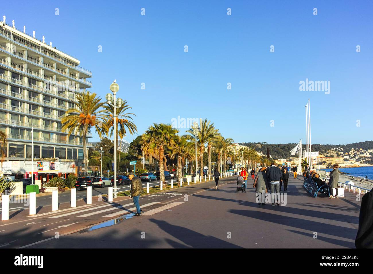 NICE, FRANCE - JANUARY 25, 2024: Sunset Panorama of Coastal street of ...