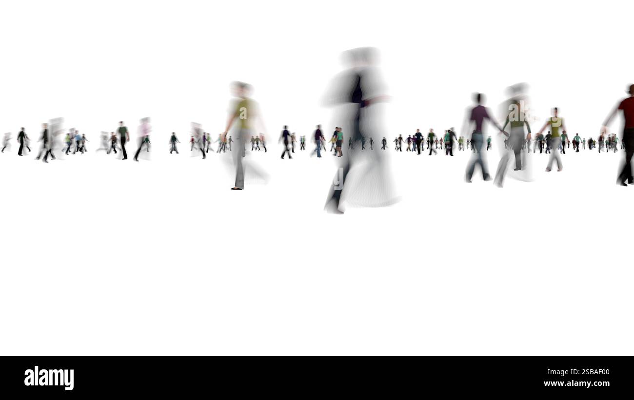 Crowd people busy run blur motion on white bg 3d render Stock Photo - Alamy