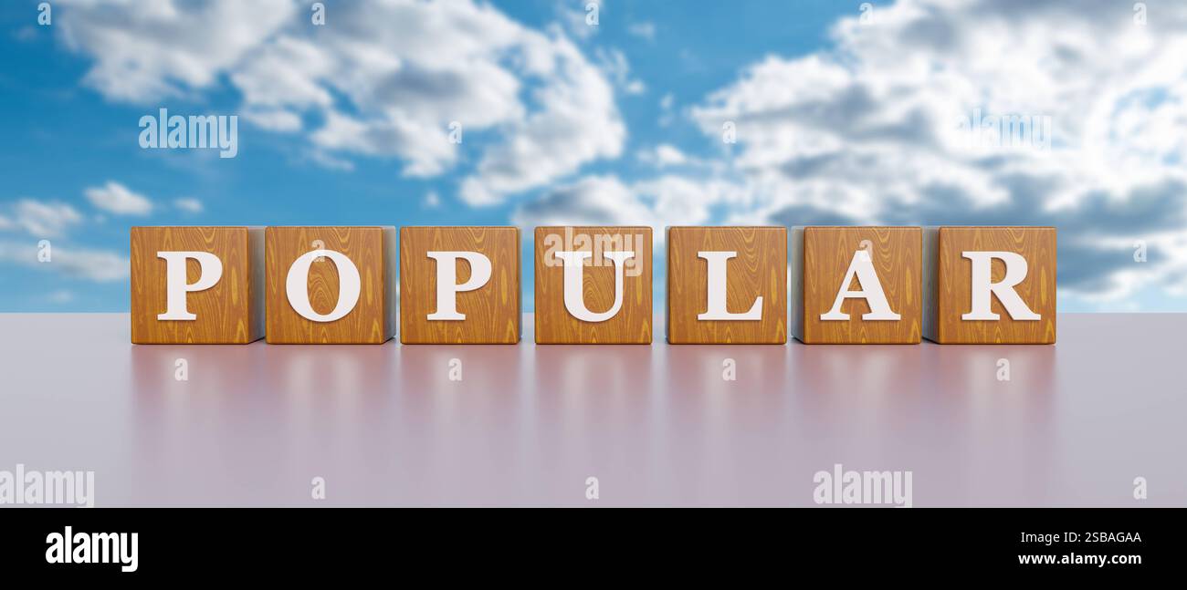 Popular. Popular. Wooden dices with white capital letters and the word ...