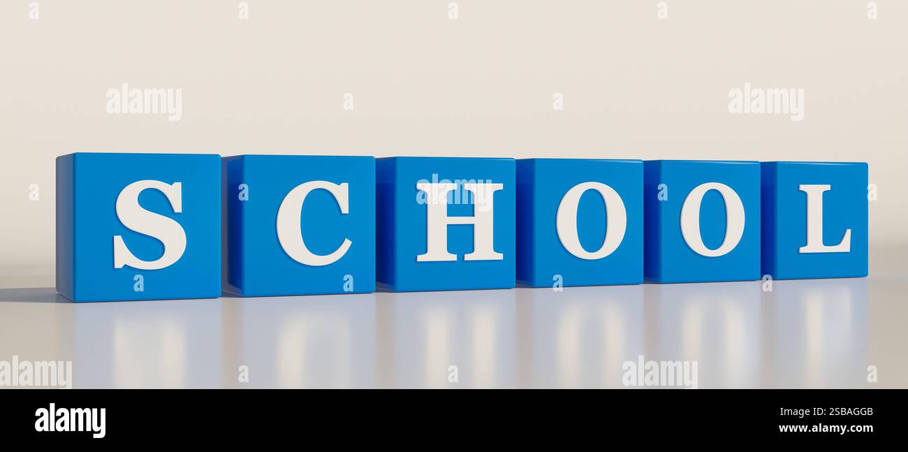 School School, single word. Blue dices with white letters and the text ...