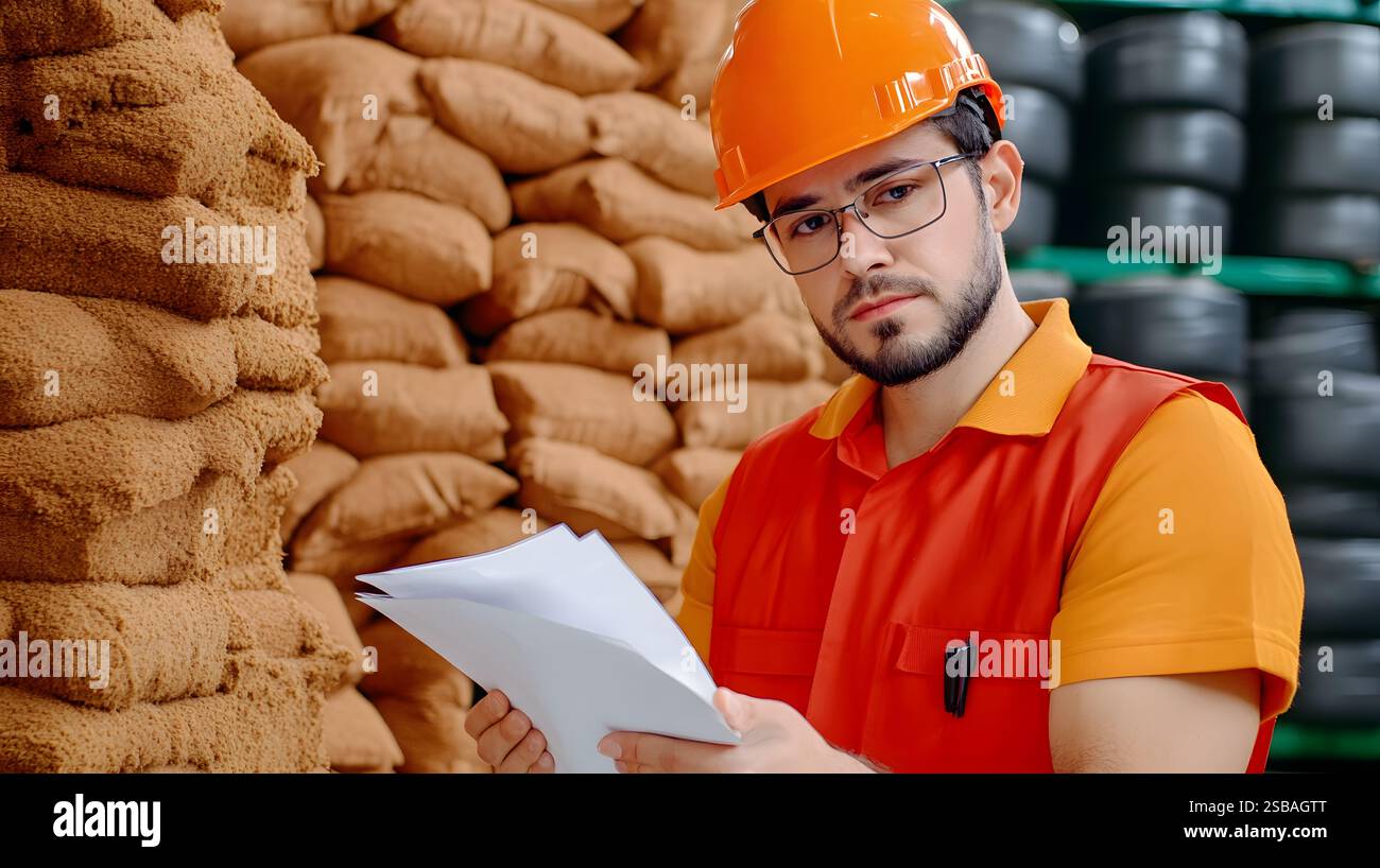 A factory worker in a hardhat and safety vest carefully inspecting and ...