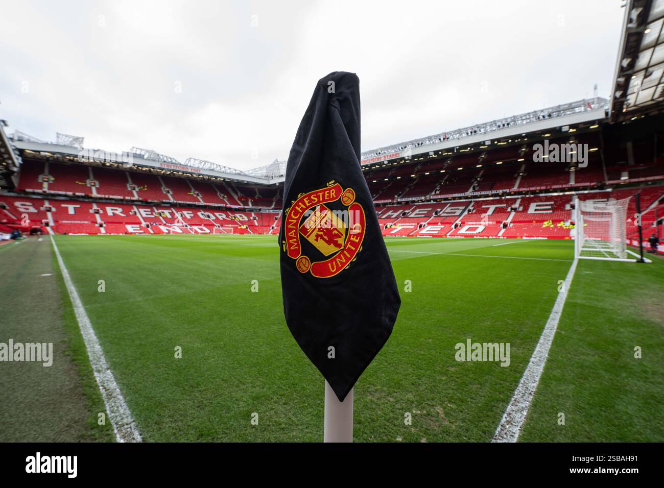 A general view of Old Trafford, today with black corner flags in ...