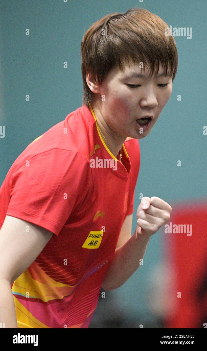Singapore. 2nd Feb, 2025. Wang Manyu reacts during the women's singles ...