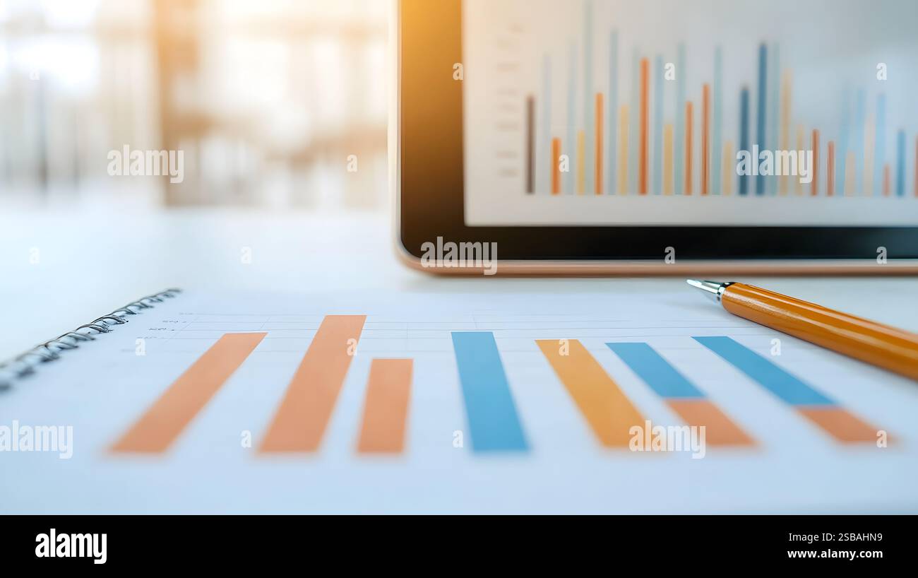 Tablet and Notebook on Clean,Organized Desk with Charts and Graphs for ...