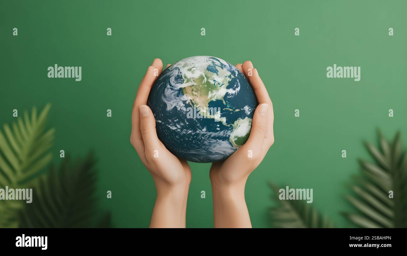 Hands gently holding the Earth,symbolizing global environmental ...