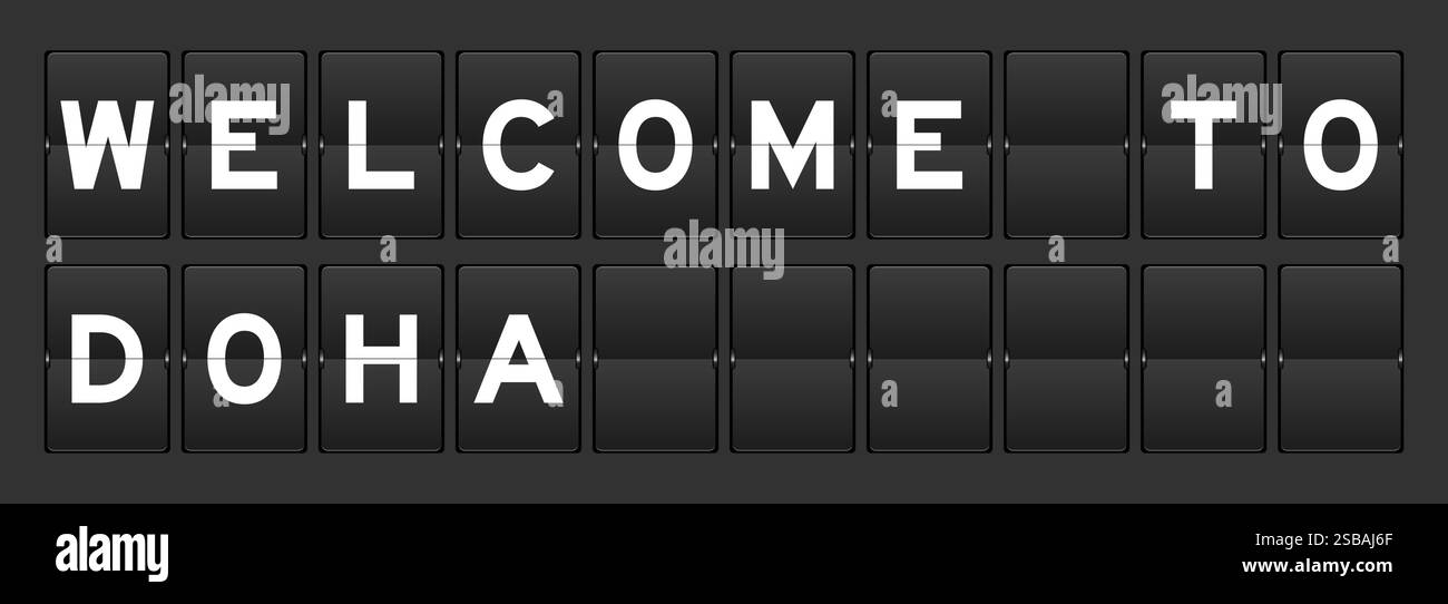 Black color analog flip board with word welcome to doha on gray ...