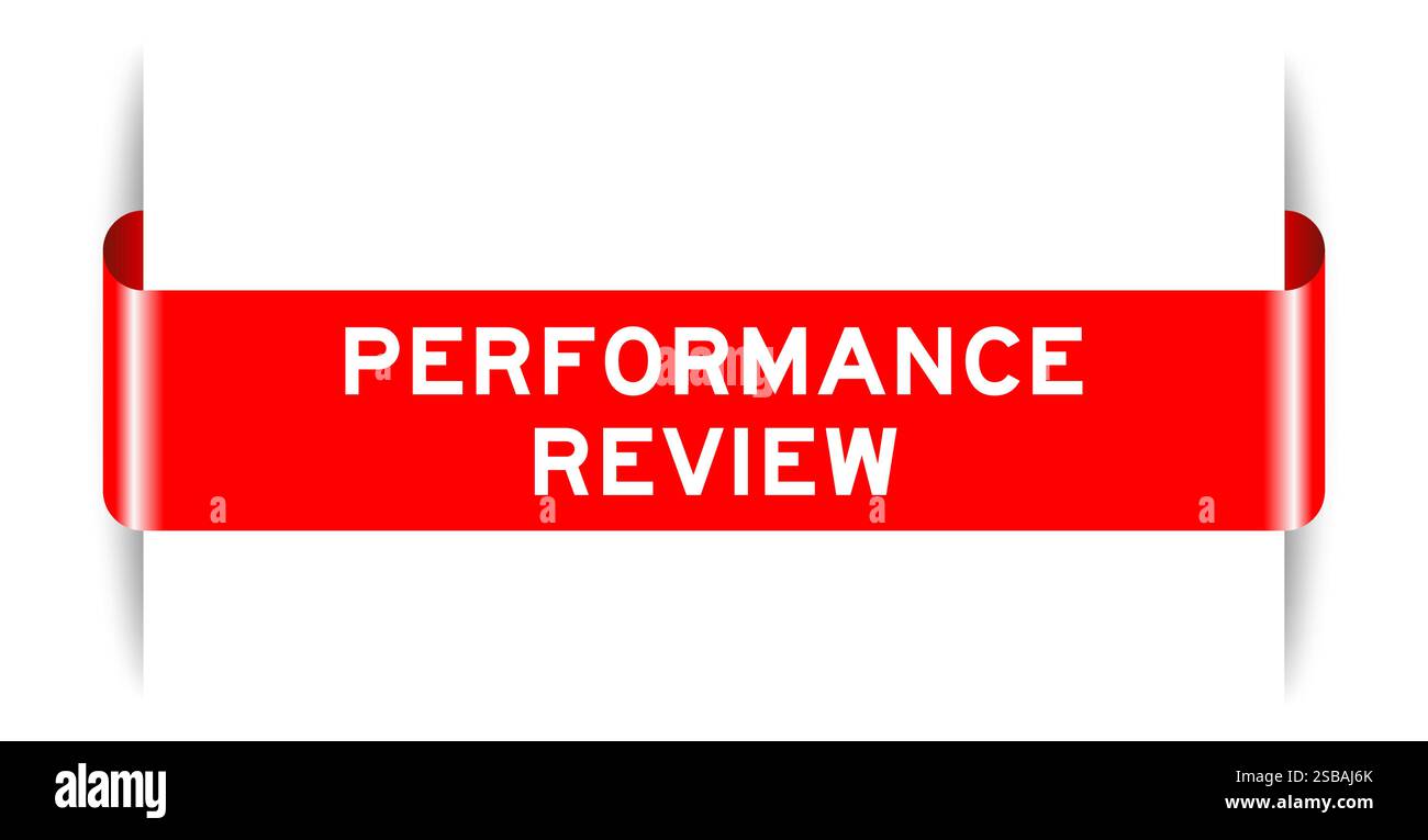 Red color inserted label banner with word performance review on white ...
