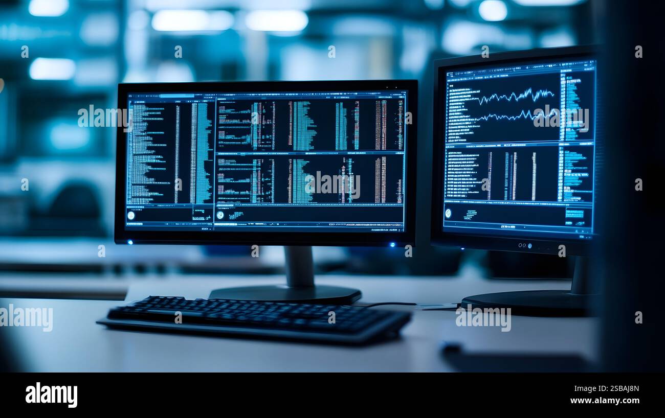 Dual-Monitor Desktop Computer Setup Displaying Detailed Data Analysis ...