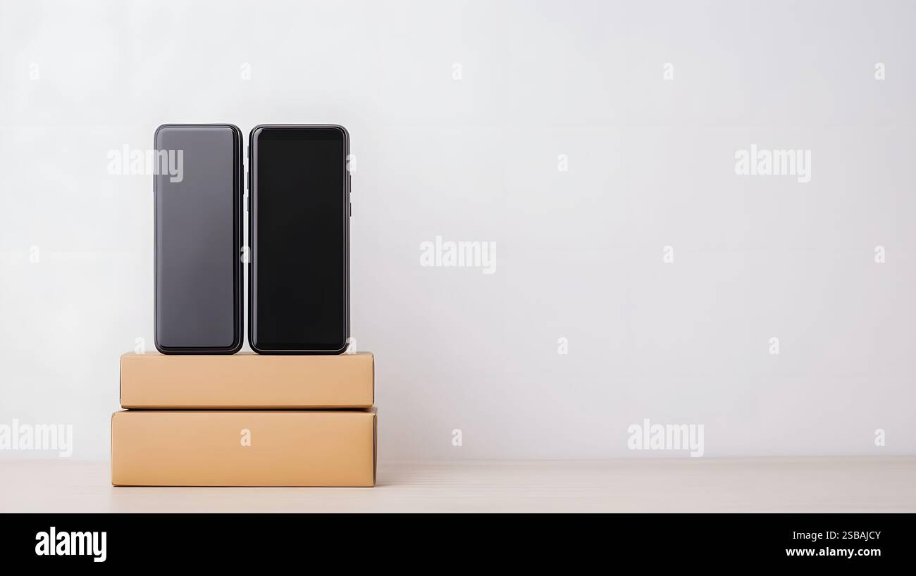 Stack of brand new smartphones in retail packaging displayed on a clean ...