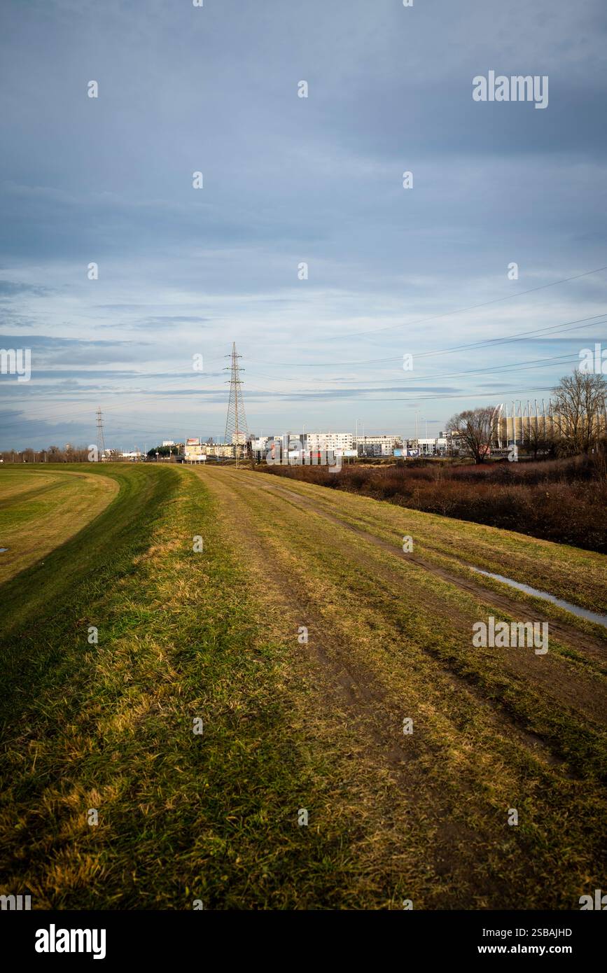 Embankment and open grass flood plane area along river Sava, Zagreb ...
