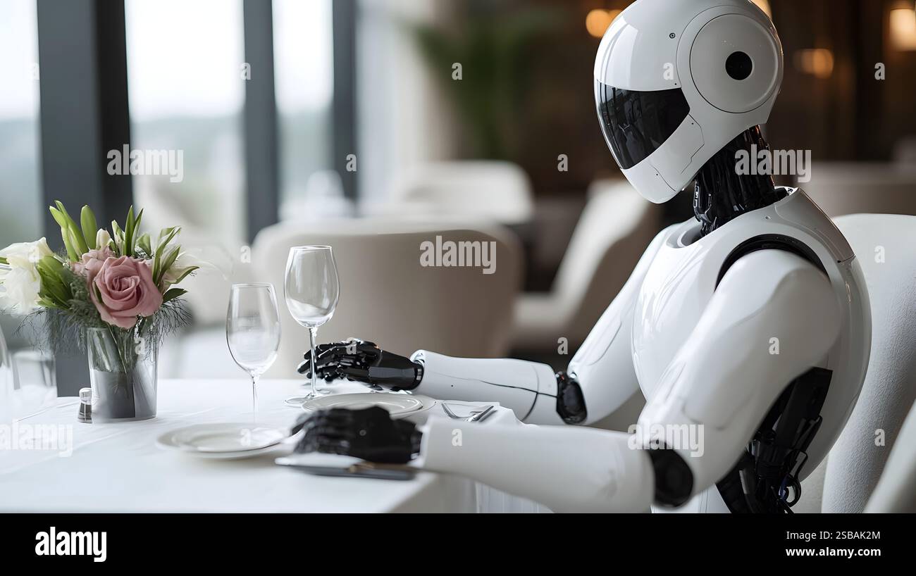 A polyfunctional robot is shown setting the dining table with tableware ...