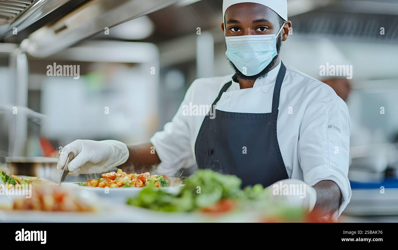 Professional Chef Wearing Protective Mask and Gloves Preparing Meals ...