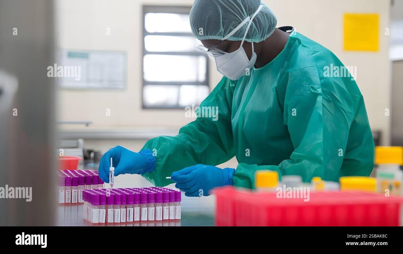 An inspector wearing protective gear conducting a swab test on food ...