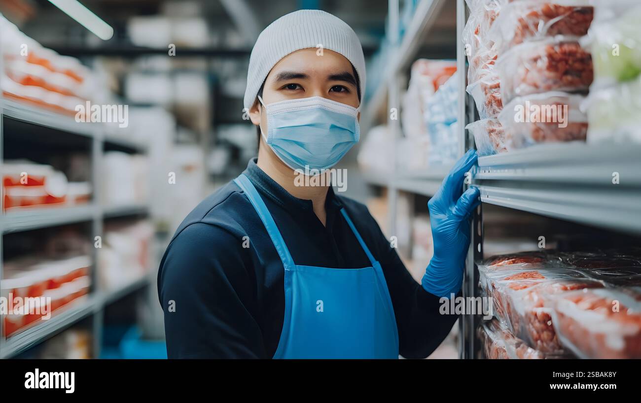 Worker Organizing Packaged Goods in Cold Storage Room for Optimal Food ...