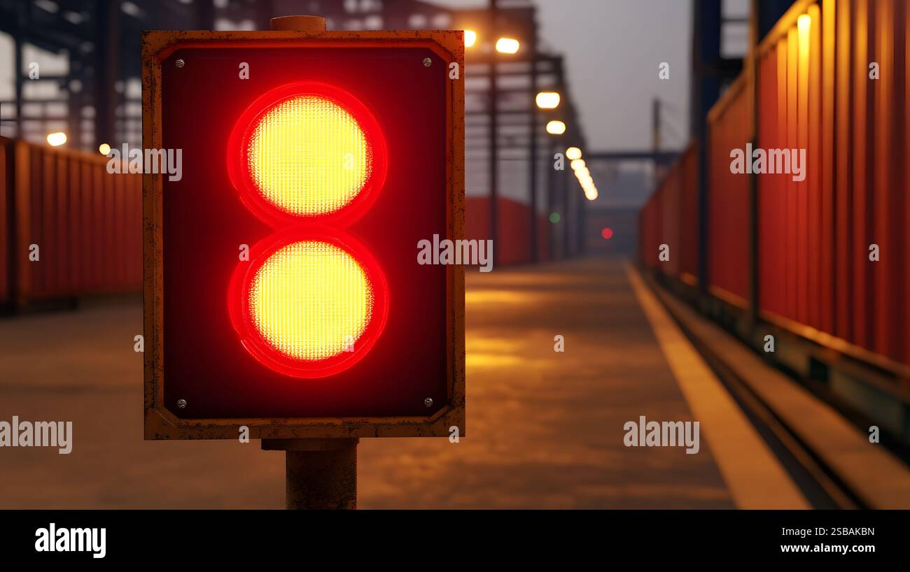 Glowing red and yellow traffic warning lights installed on an urban ...