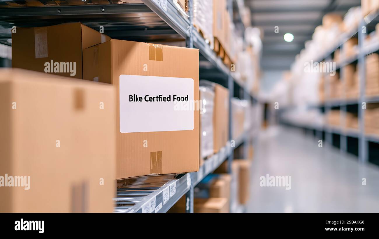 Certified Food Safe packaging displayed on storage shelves in a clean ...