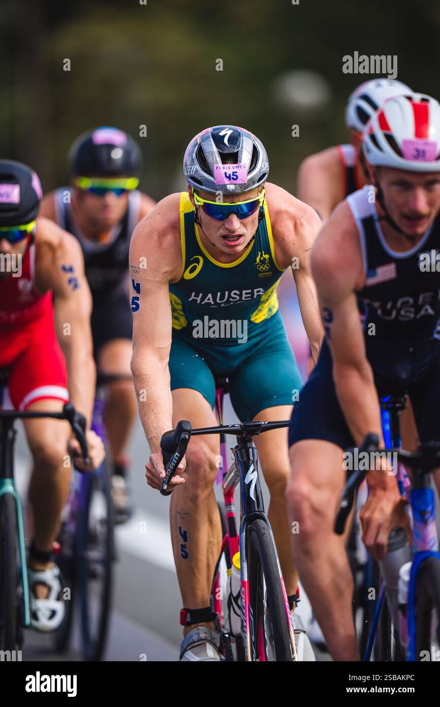 Matthew Hauser participating in the triathlon at the Paris 2024 Olympic ...