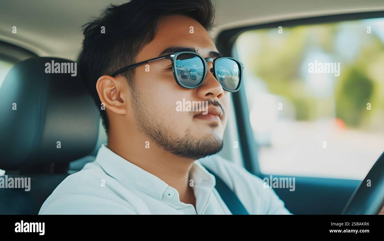 A man operating his vehicle and viewing important dashboard information ...