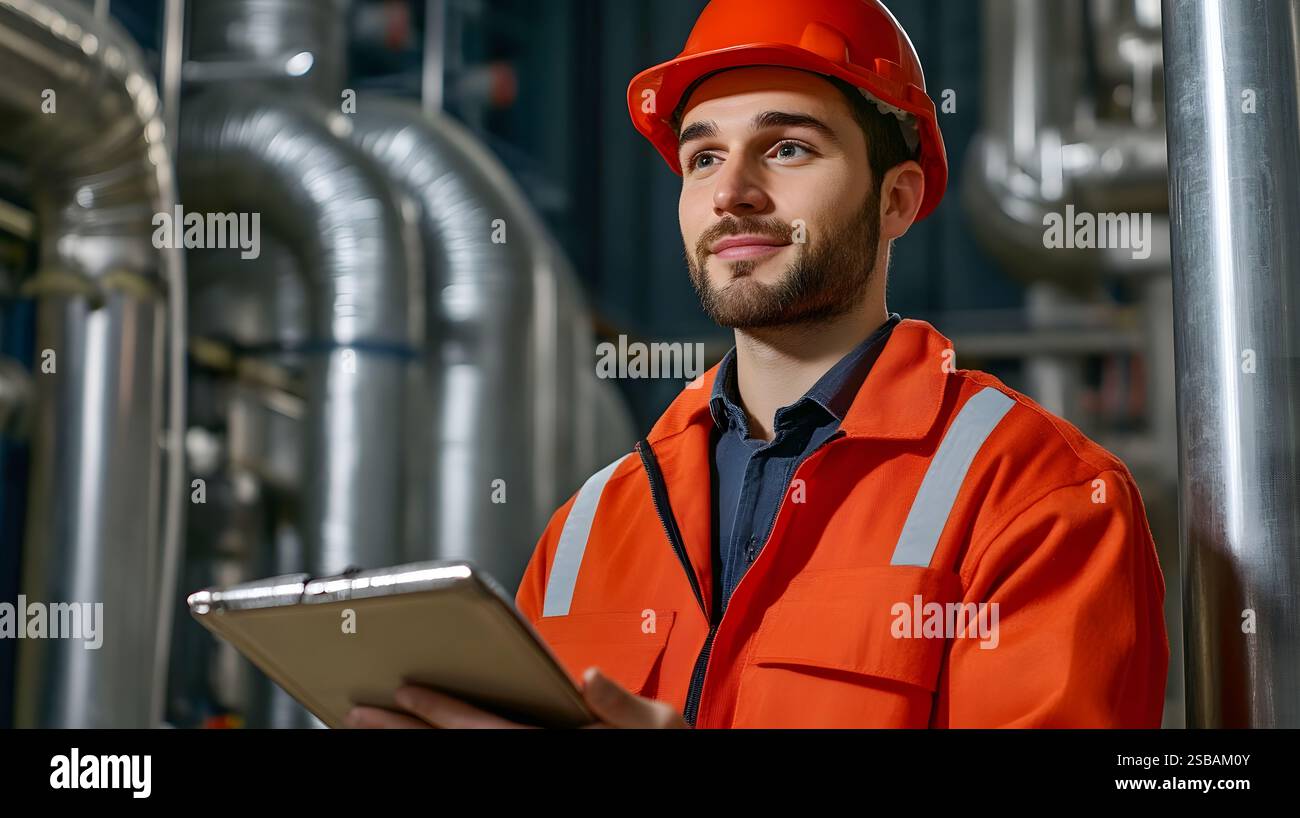 Factory Maintenance Worker Wearing Orange Protective Gear Inspecting Facility Pipelines and ...