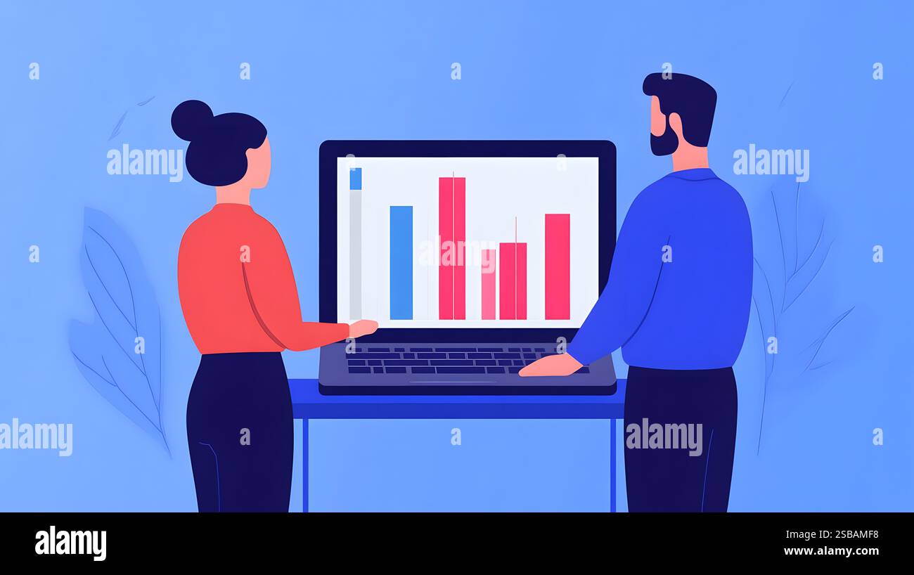 Two business executives collaborating on a laptop,analyzing customer ...