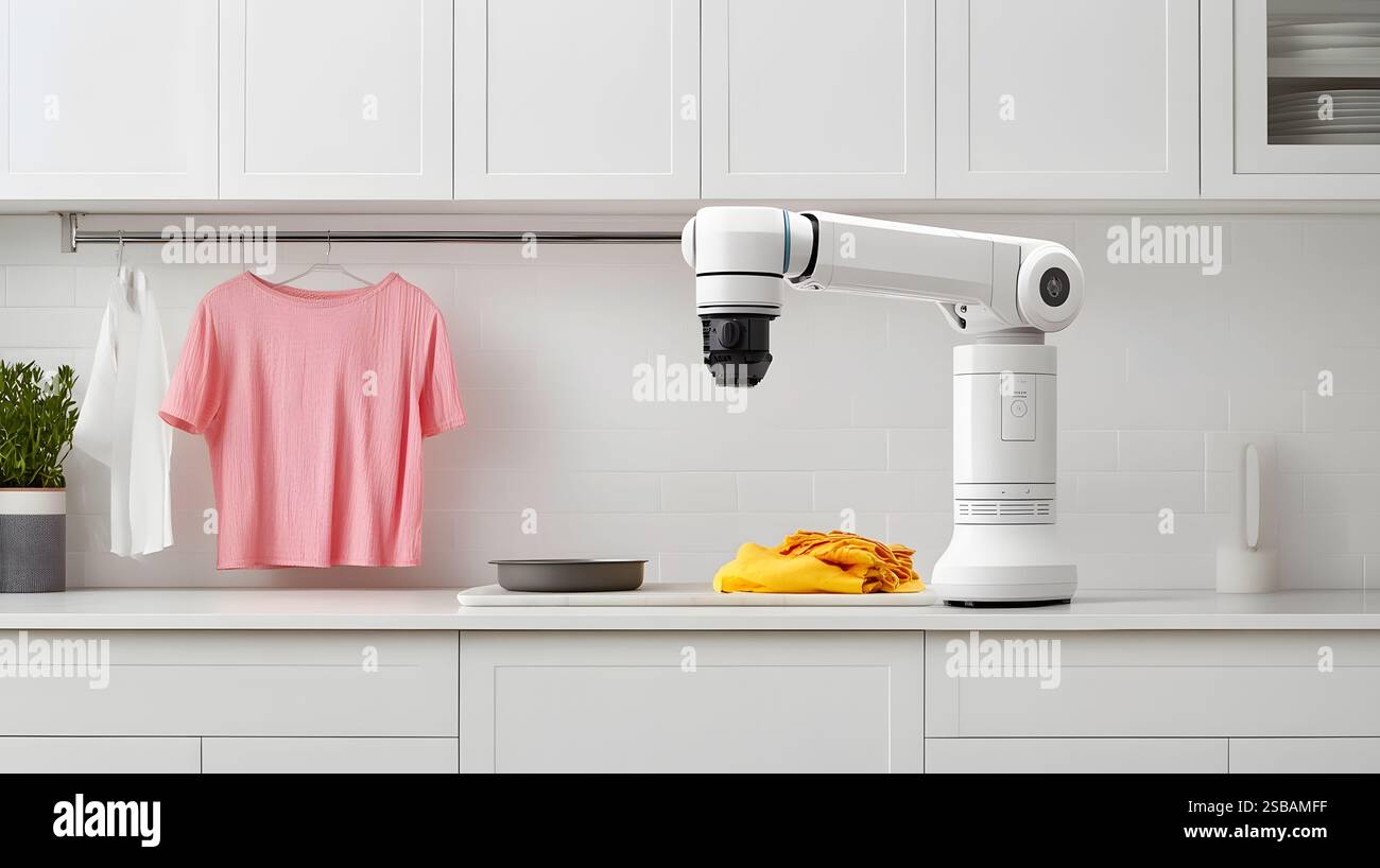 Polyfunctional robot with extendable arms effortlessly folding laundry ...