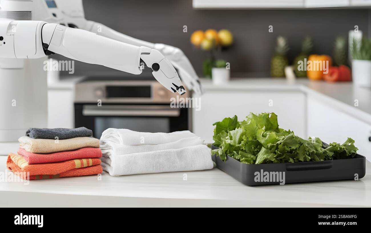 Polyfunctional robot with extendable arms folding laundry and assisting with meal efficient ...