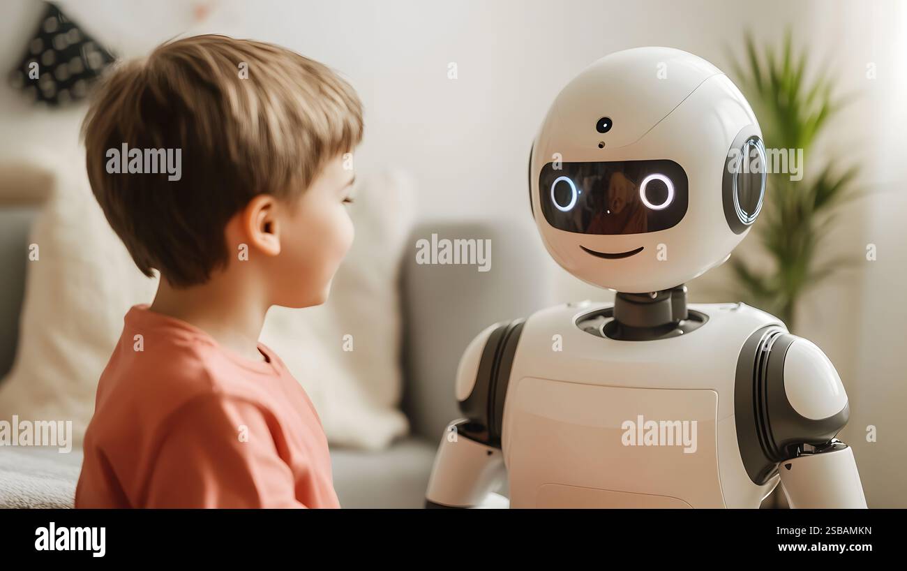 Friendly humanoid robot assisting and entertaining children with ...