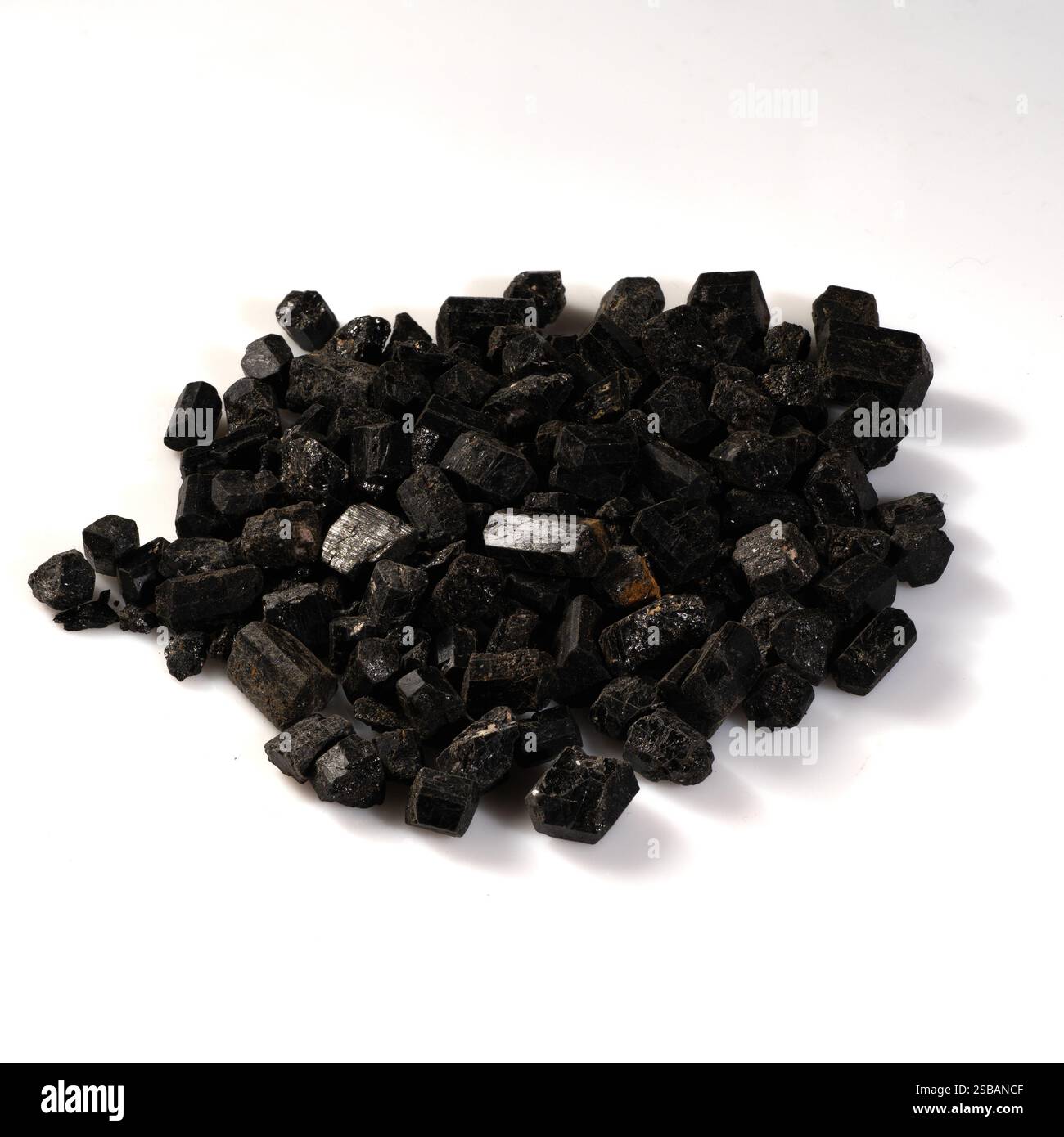 Natural Black Tourmaline Crystals Displayed on a White Background Stock ...