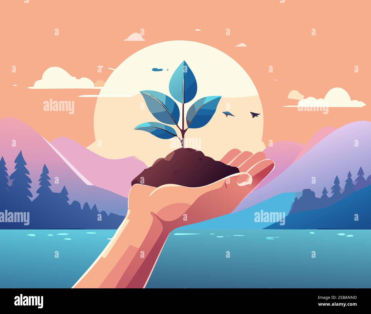 Hand holding soil in for planting. Environmental growth, save planet ...