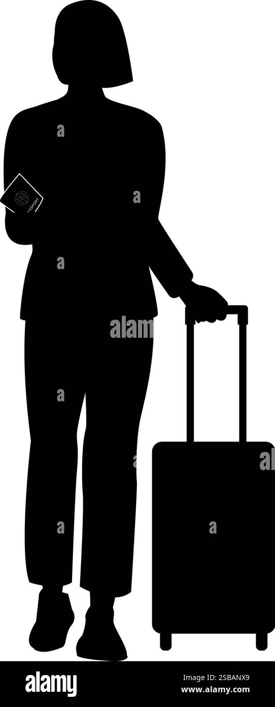Silhouette of woman with suitcase and passport in hand. Vector ...