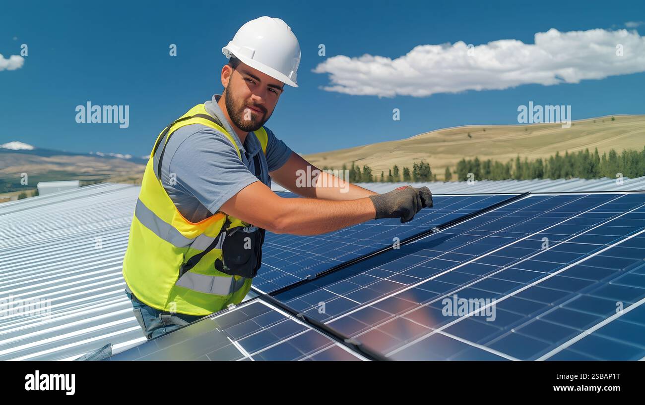 Technician adjusting the tilt angle of solar panels on a rooftop ...