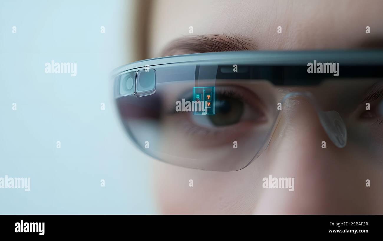 Close-up view of a human eye wearing a cutting-edge smart that reflects ...