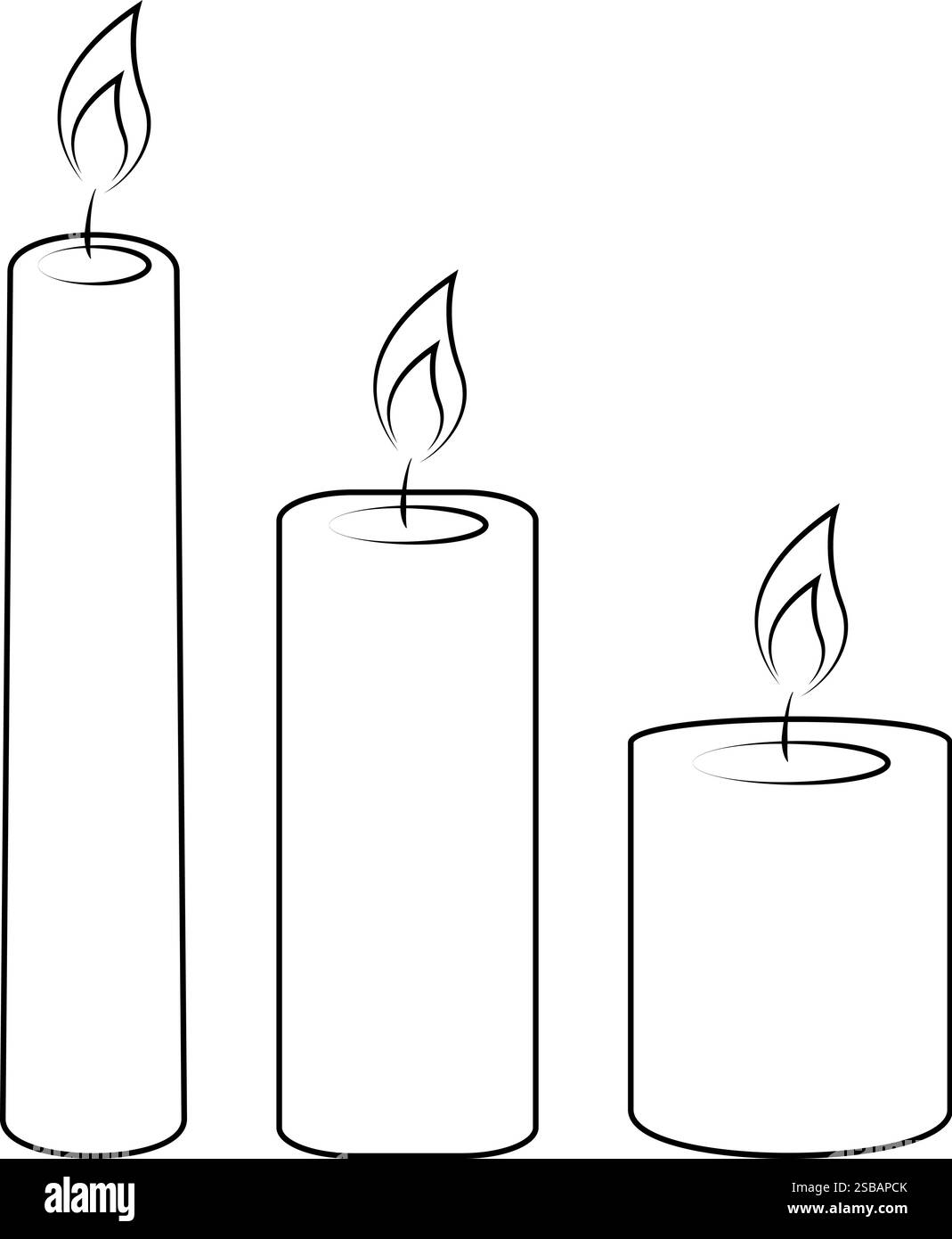 Set of three burning candles of different sizes. Black color vector ...