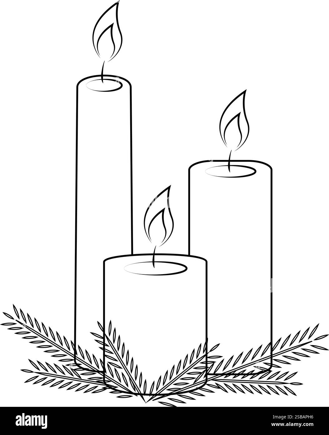 Christmas composition of three burning candles decorated with fir tree ...