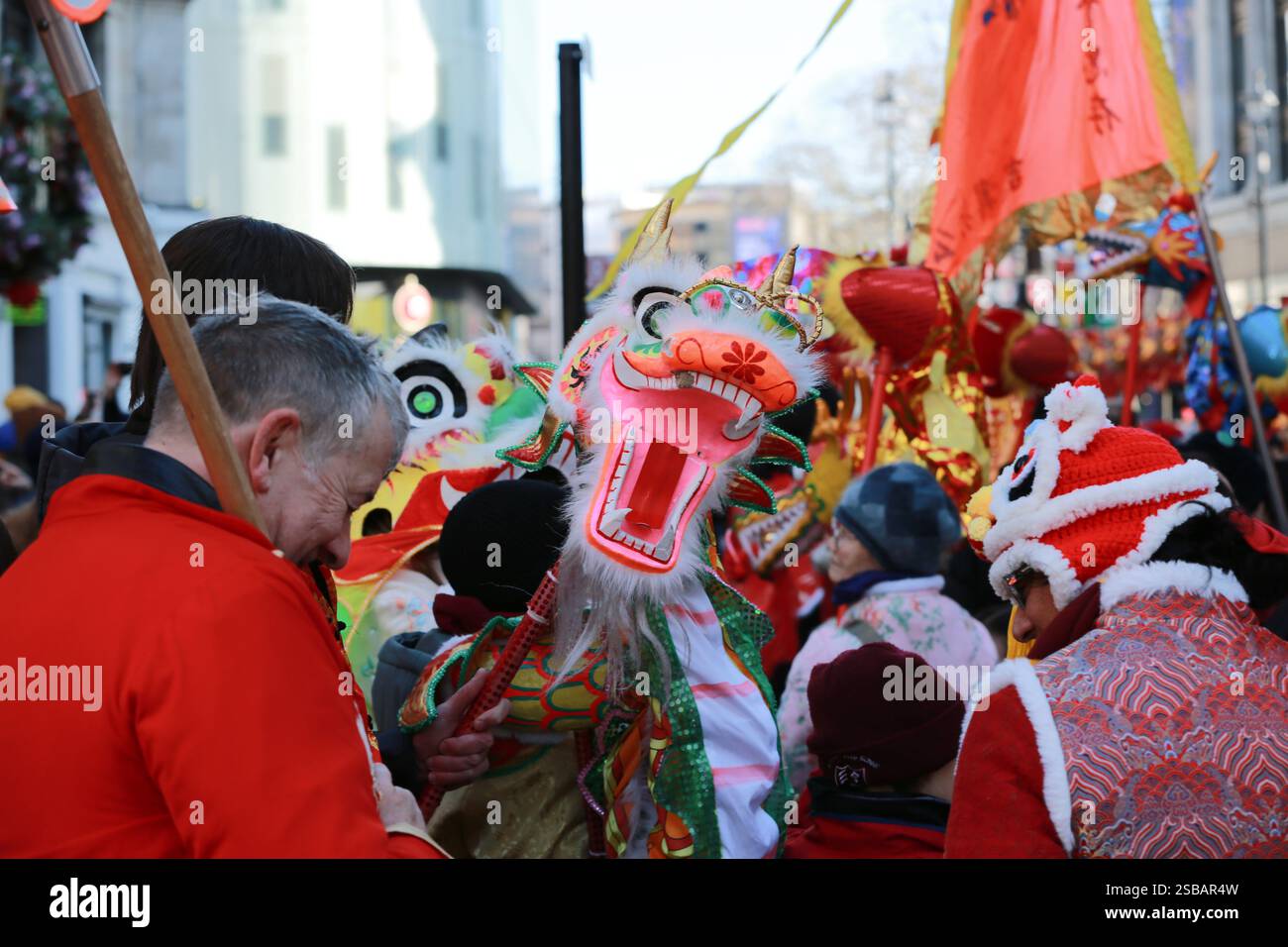 London, UK. 02 February 2025. A dragon and lion dance takes place ...