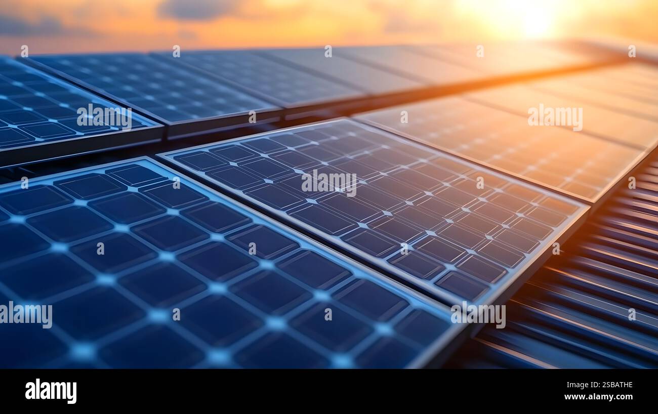 Array of solar panels installed on a flat rooftop,basking in the full ...